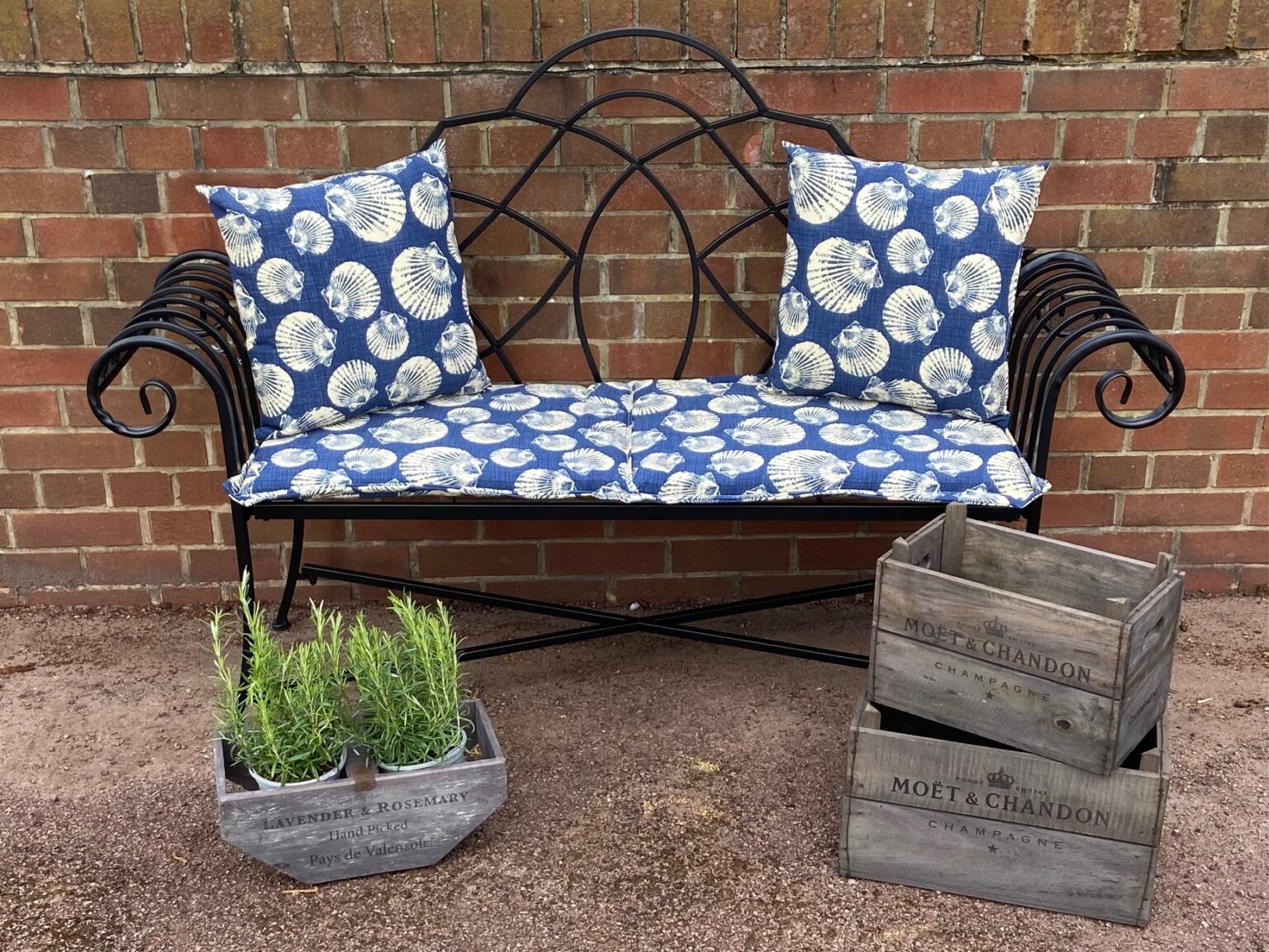Tove Metal Garden Bench with Hamptons Bench Pad & Cushions - Nordic ...